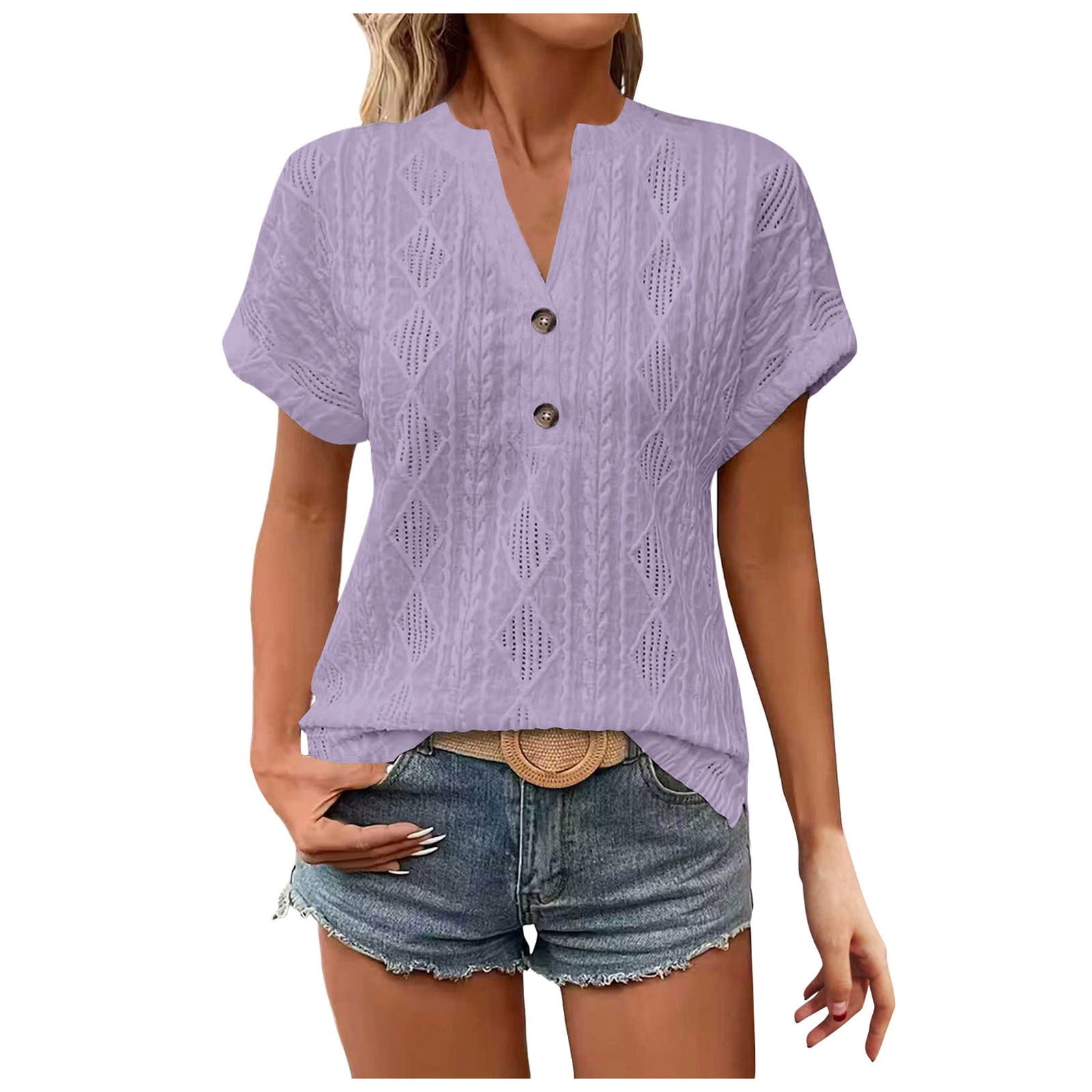 2026 Spring/Summer Women's Fashion Casual Solid Color Button V Neck T ...