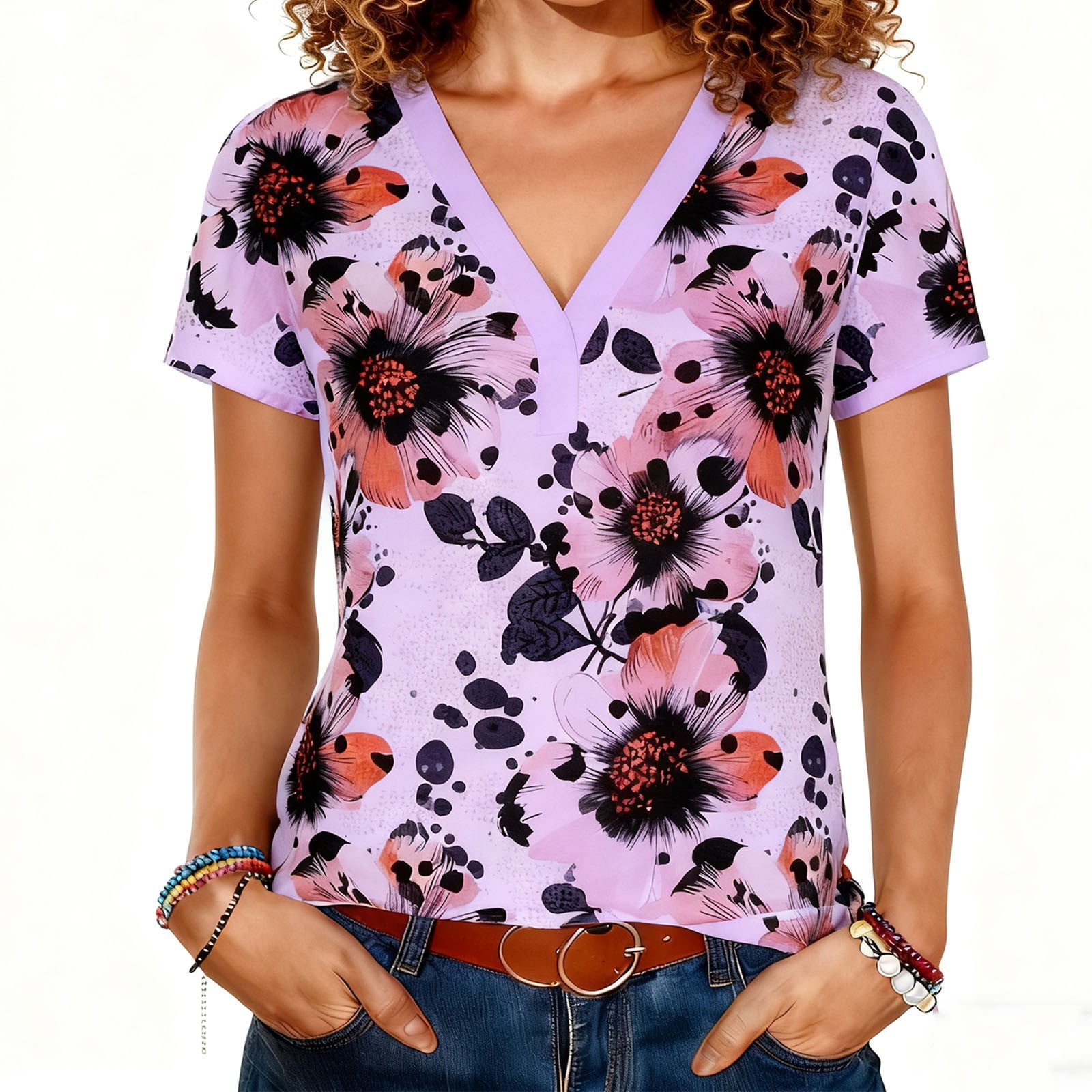 2026 Summer Beach T-Shirt for Women Floral Print V Neck Cotton Linen ...