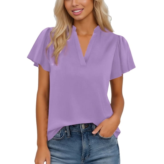 2026 Summer Blouses for Women Dressy Ruffle Cap Sleeve V Neck Business ...
