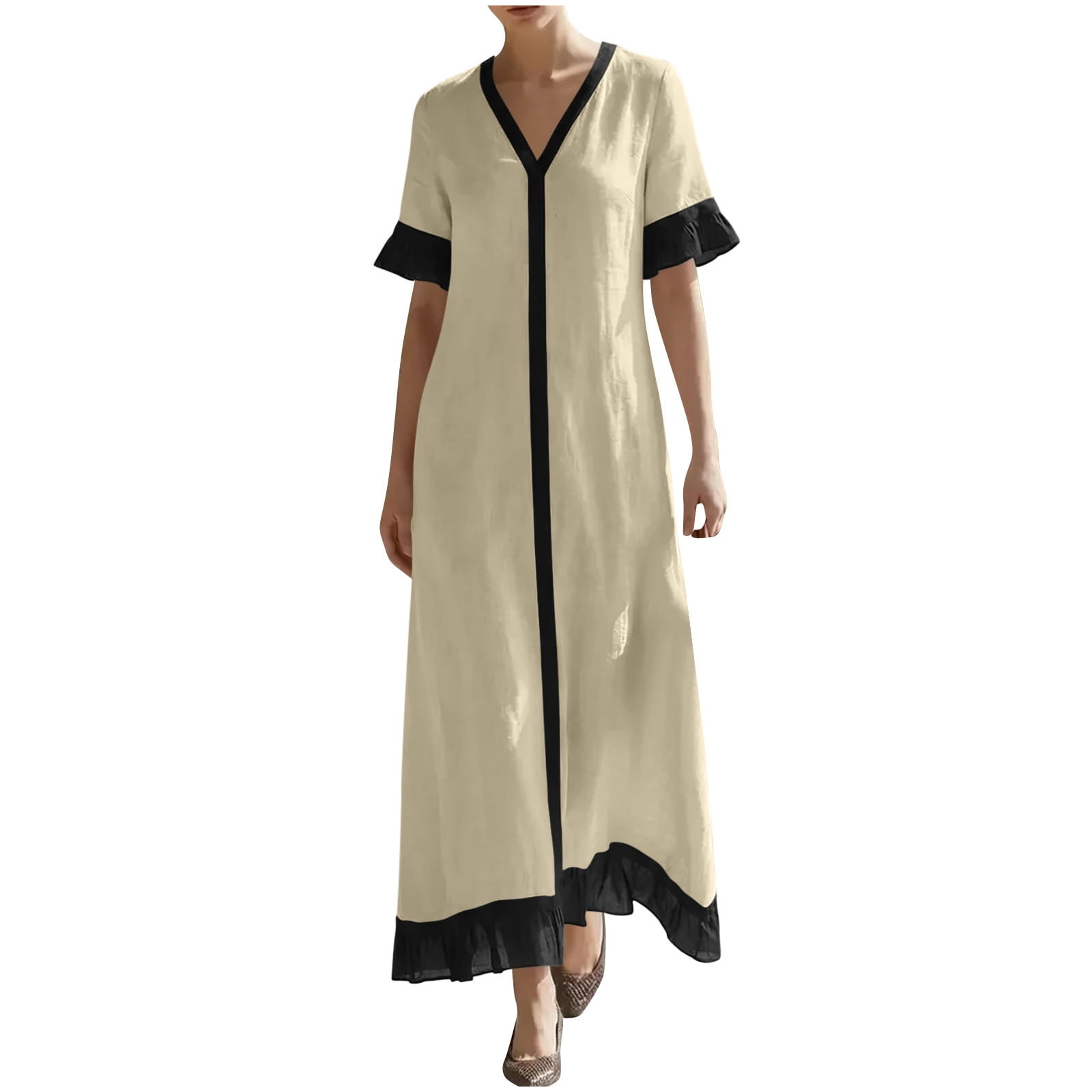 2026 Summer Dress for Women Linen V-Neck Short Sleeve Maxi Dress with ...