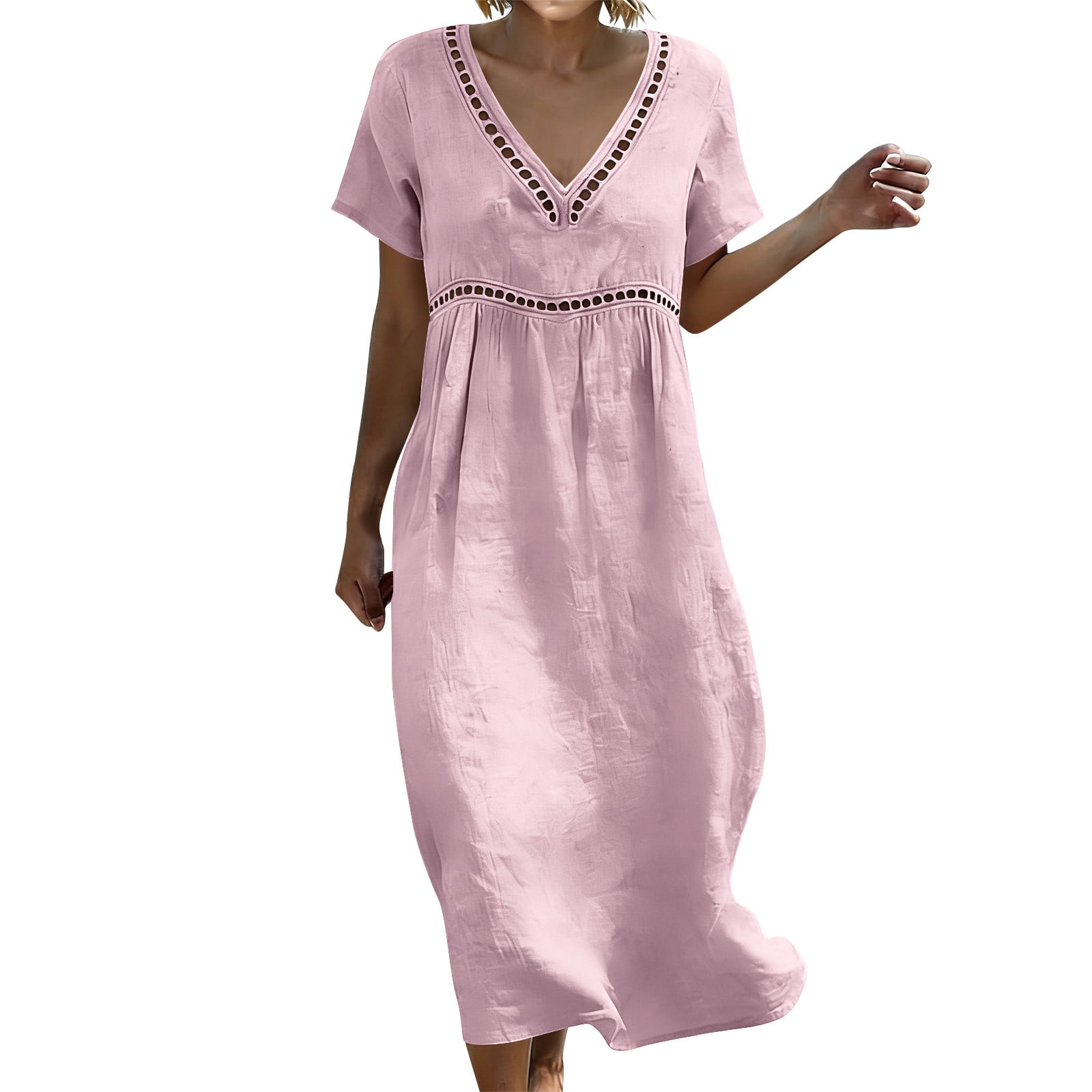 2026 Summer Dress for Women Short Sleeve V-Neck with Eyelet Lace Detail ...