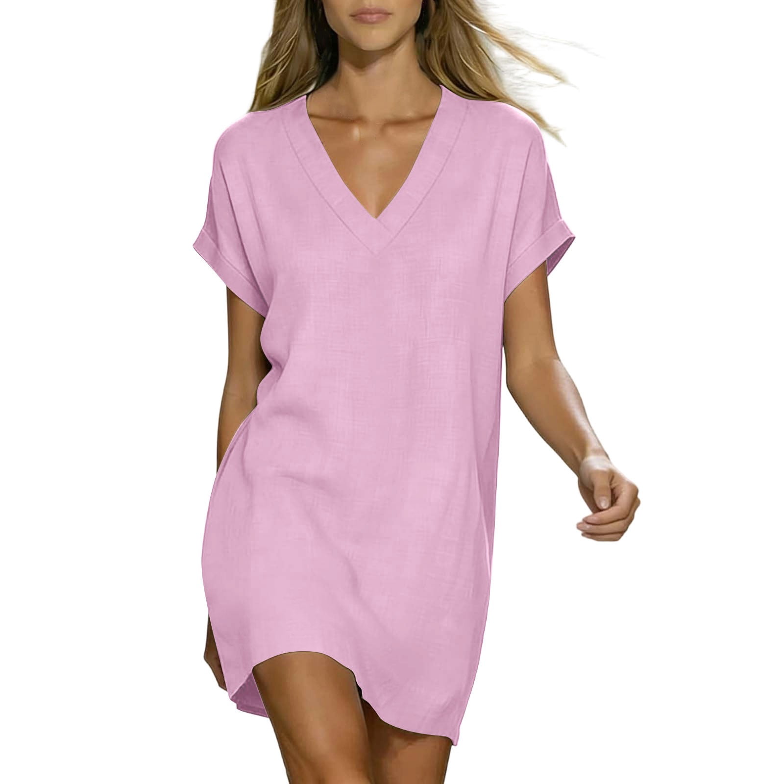 2026 Summer Dress for Women V Neck Short Sleeve Loose Plain Relaxed Fit ...