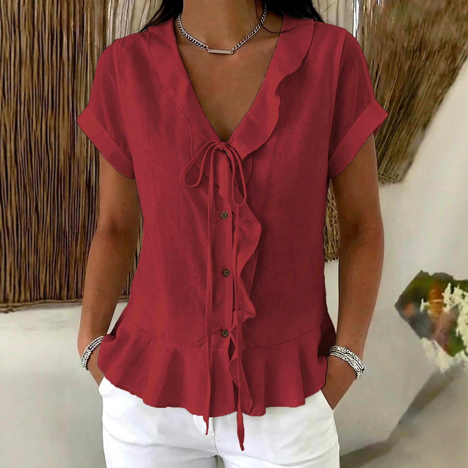2026 Summer Linen Blouse for Women V Neck Ruffle Trim Cap Sleeve Casual ...