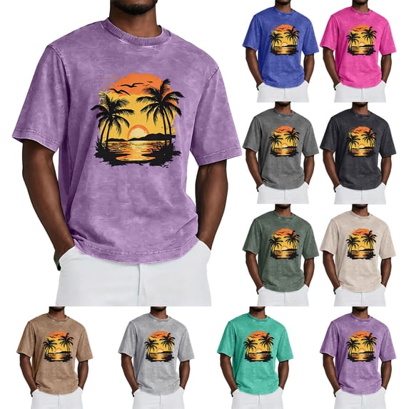 2026 Summer Men Loose Vintage Washed T Shirt Palm Tree Sunset Hawaiian ...