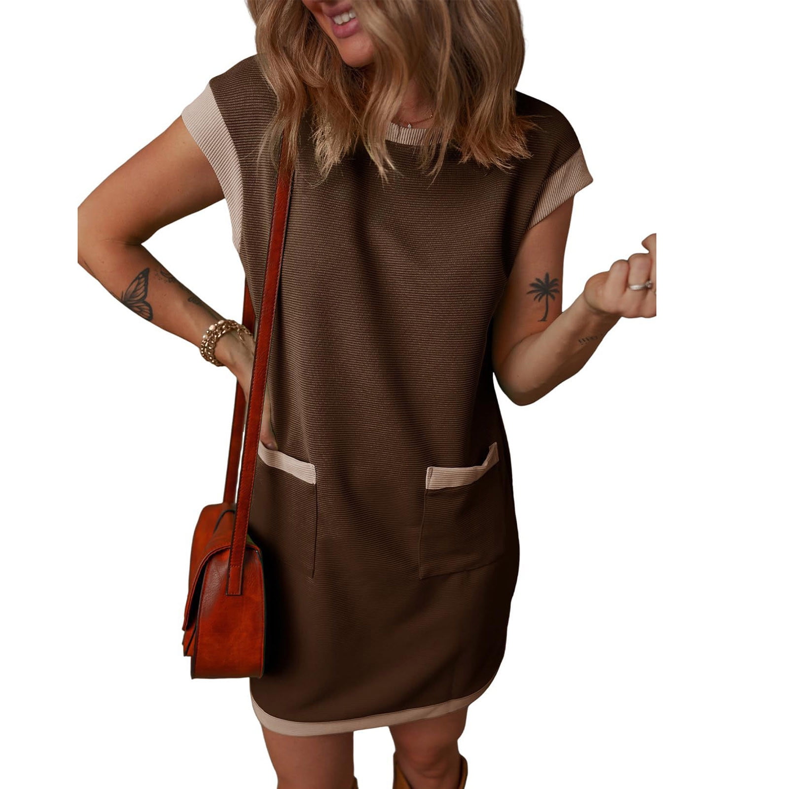 2026 Summer Mini Dresses for Women Round Neck Cap Sleeve Color Block ...