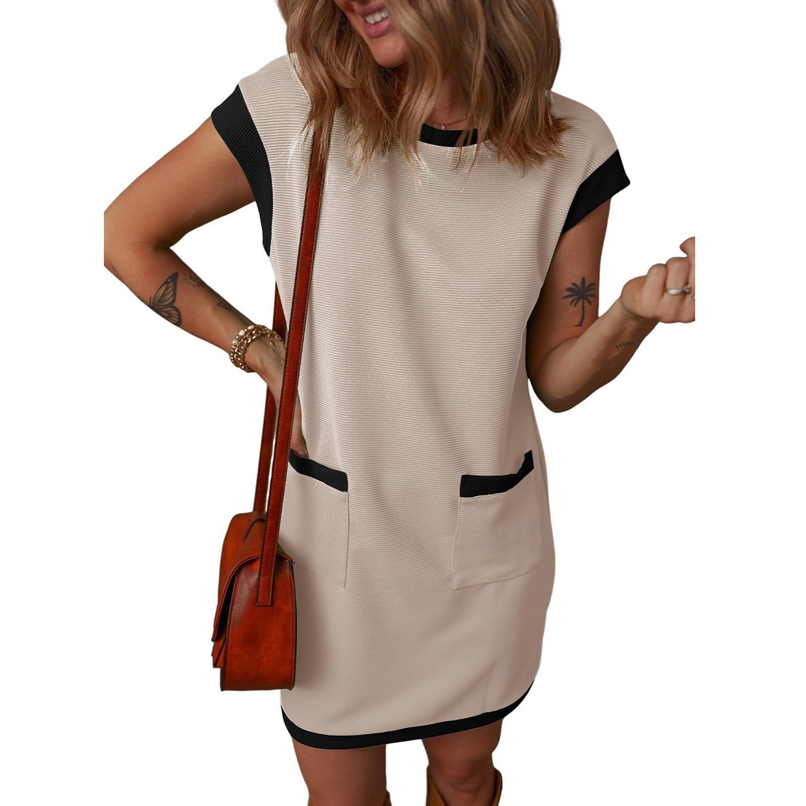 2026 Summer Mini Dresses for Women Round Neck Cap Sleeve Color Block ...