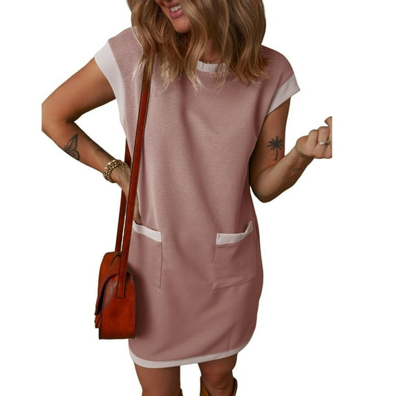 2026 Summer Mini Dresses for Women Round Neck Cap Sleeve Color Block ...
