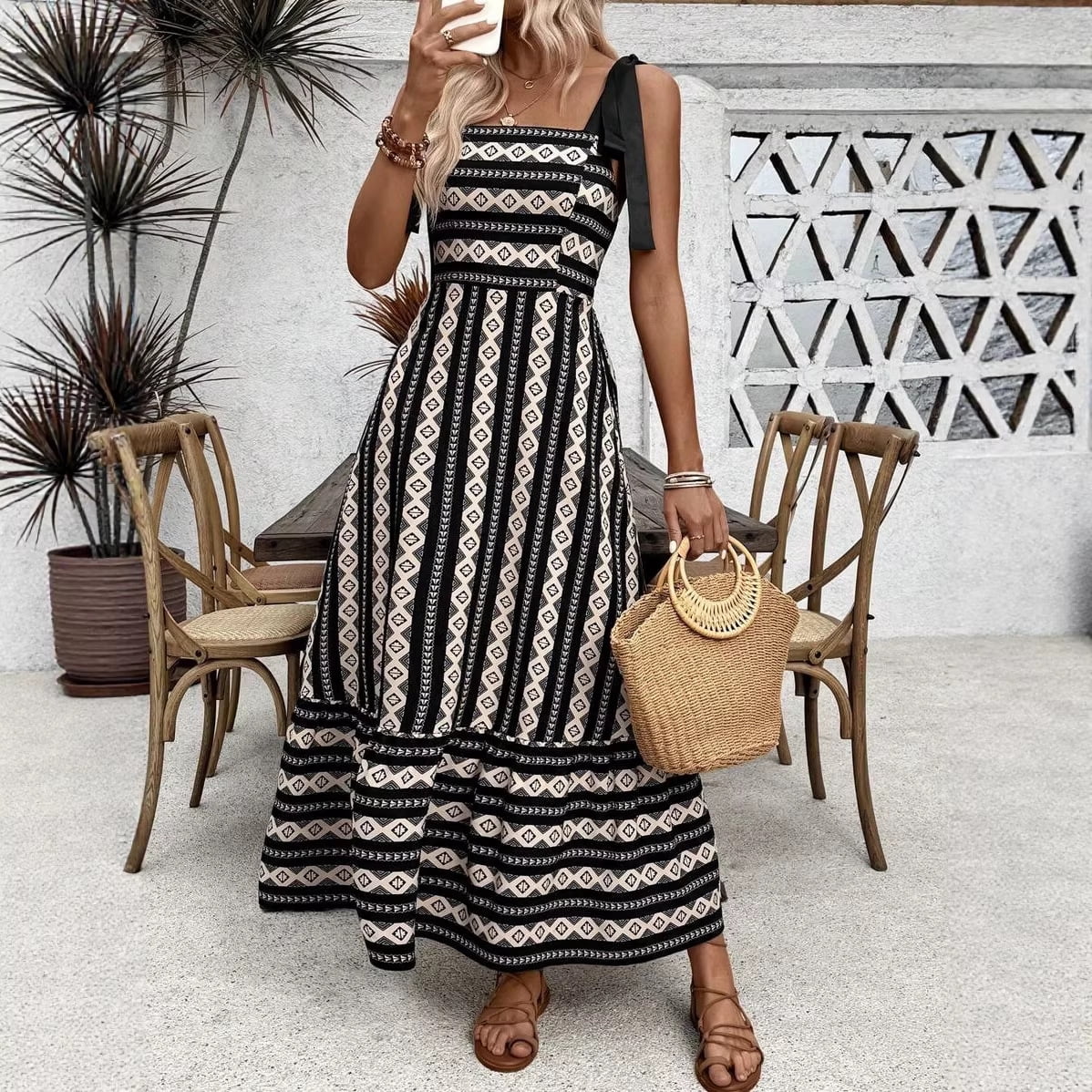 2026 Summer New Bohemian Style Women's Black Beige Ethnic Geometric ...