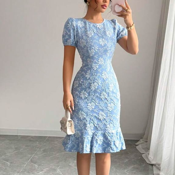 2026 Summer New Daisy Embossed Dress for Women Round Neck Puff Sleeve ...