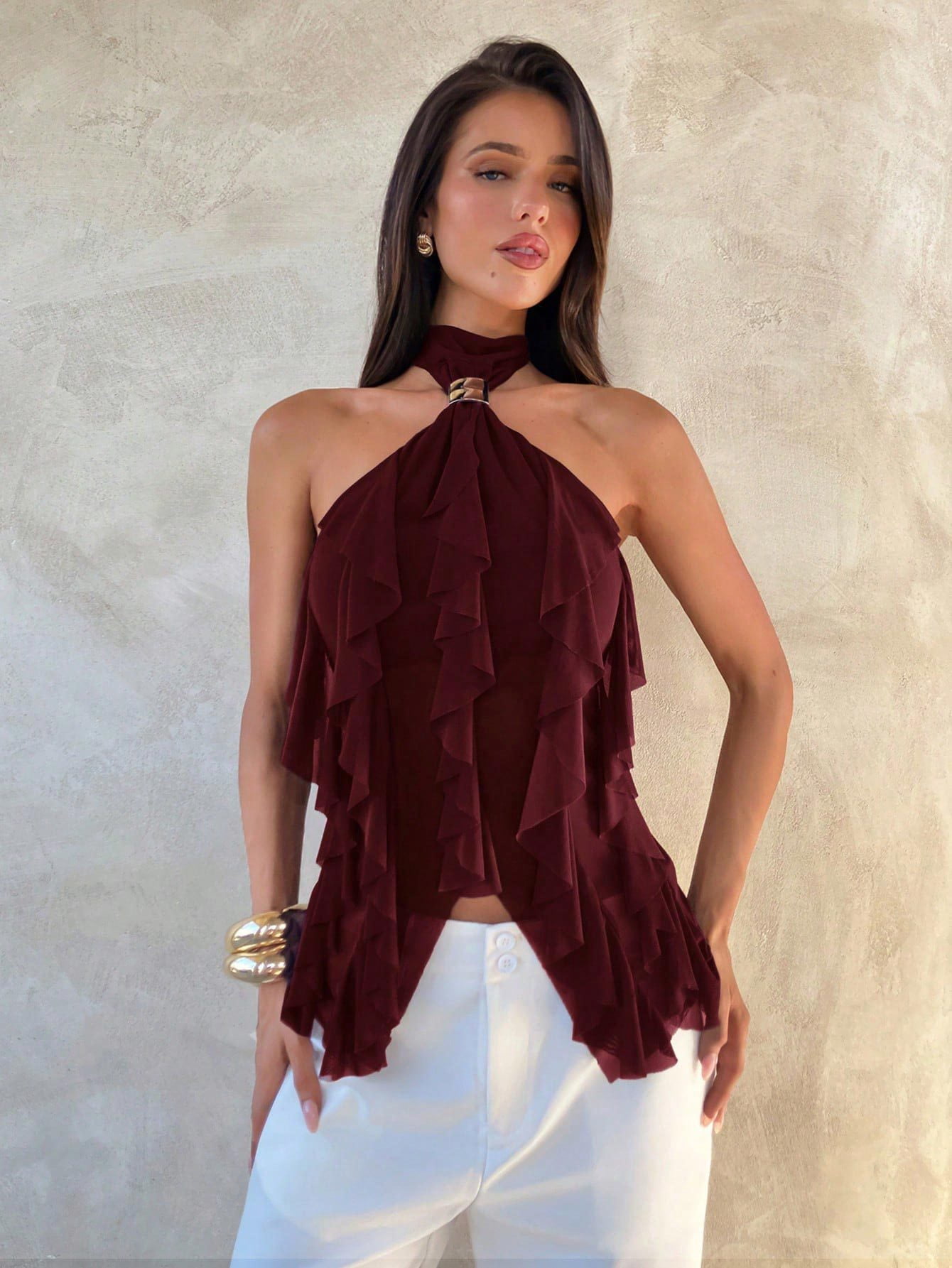 2026 Summer New Fashion High-End Women's Purple Halter Neck Ruffled Top ...