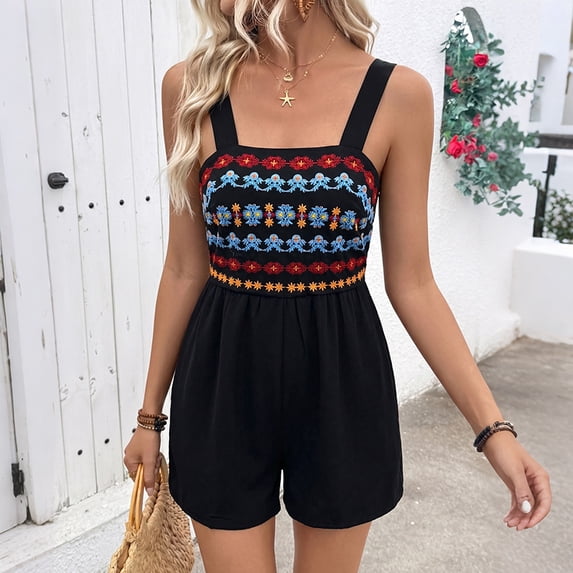 2026 Summer New Women's Black Boho Floral Embroidered Spaghetti Strap ...
