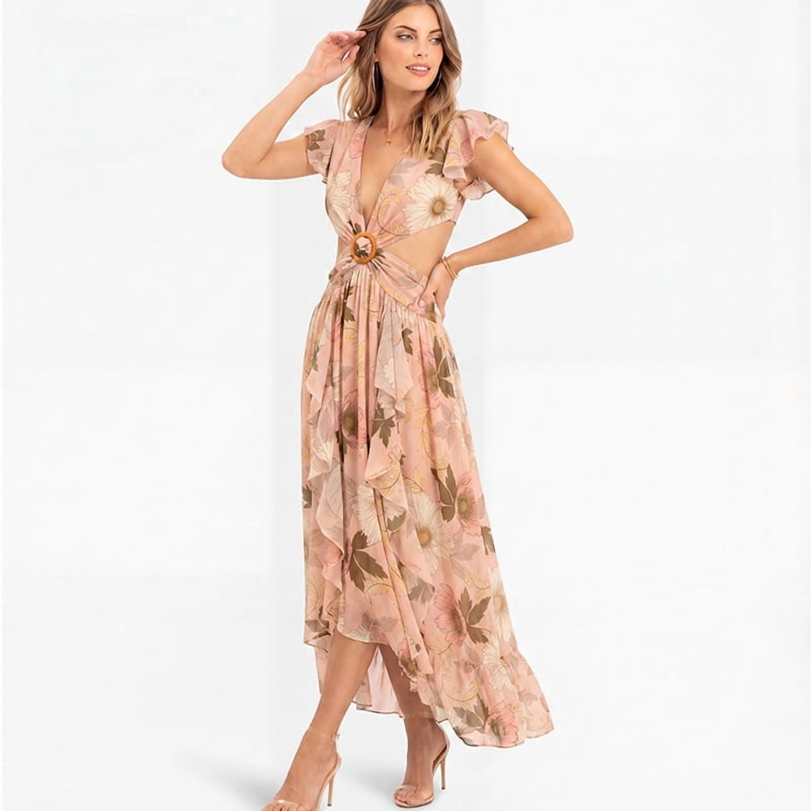 2026 Summer New Women's Black Floral Cutout Midi Dress V-Neck Ruffle ...