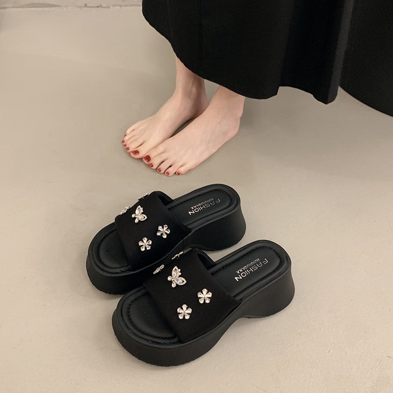 2026 Summer New Women's Black Rhinestone Butterfly & Flower Platform ...