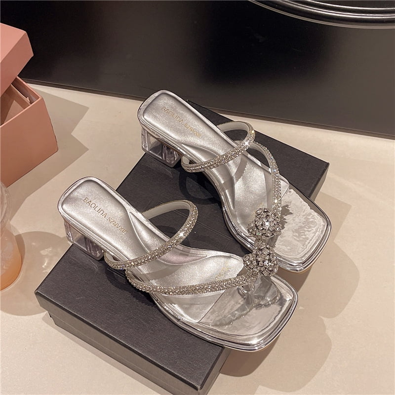 2026 Summer New Women's Black Rhinestone Heart Square Toe Slide Sandals ...