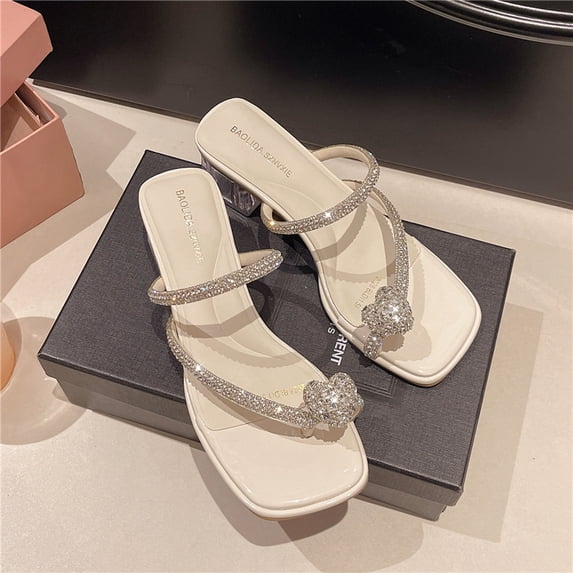 2026 Summer New Women's Black Rhinestone Heart Square Toe Slide Sandals ...