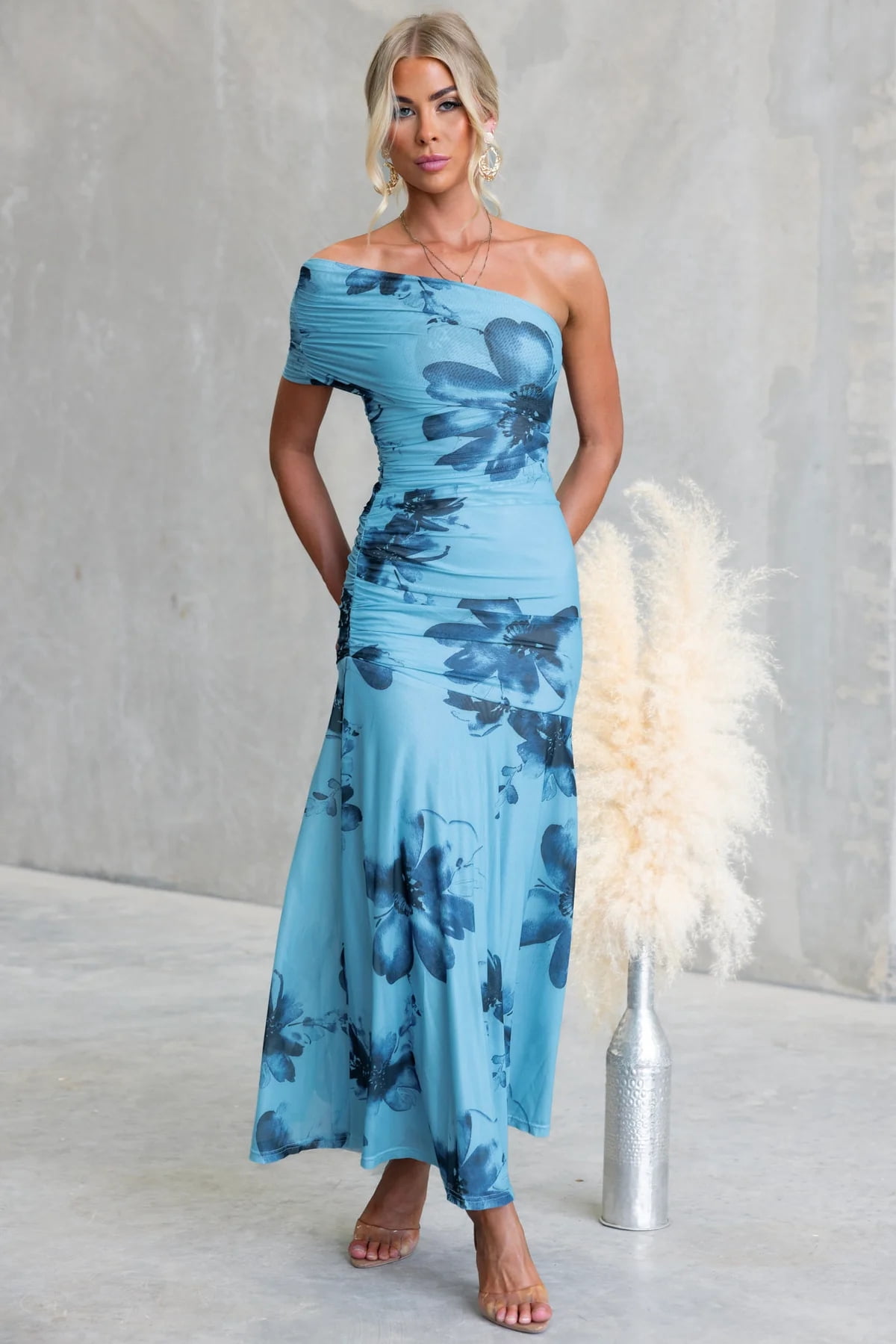 2026 Summer New Women's Blue Floral Mesh One-Shoulder Maxi Dress ...