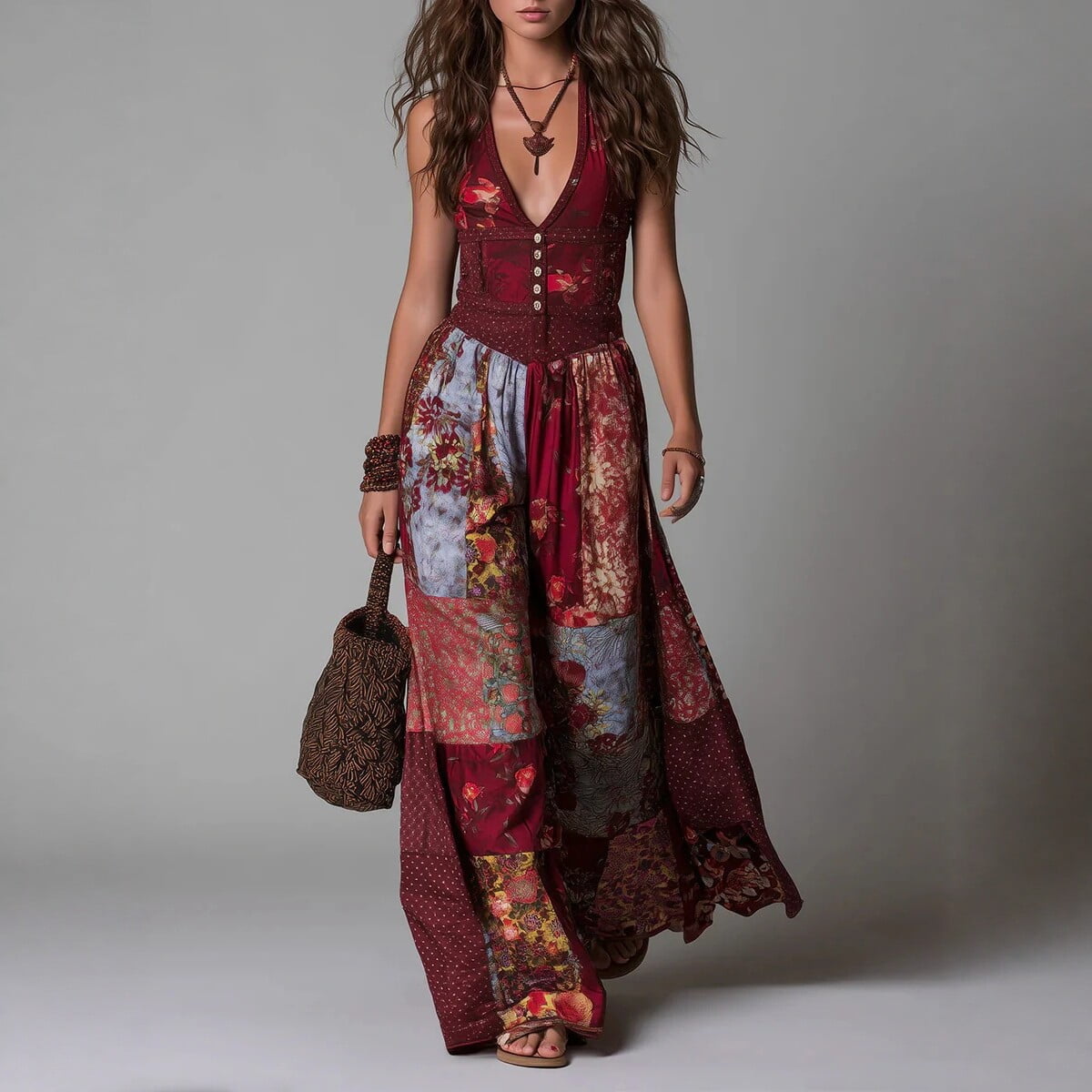 2026 Summer New Women's Burgundy Patchwork Floral Halter Wide Leg ...