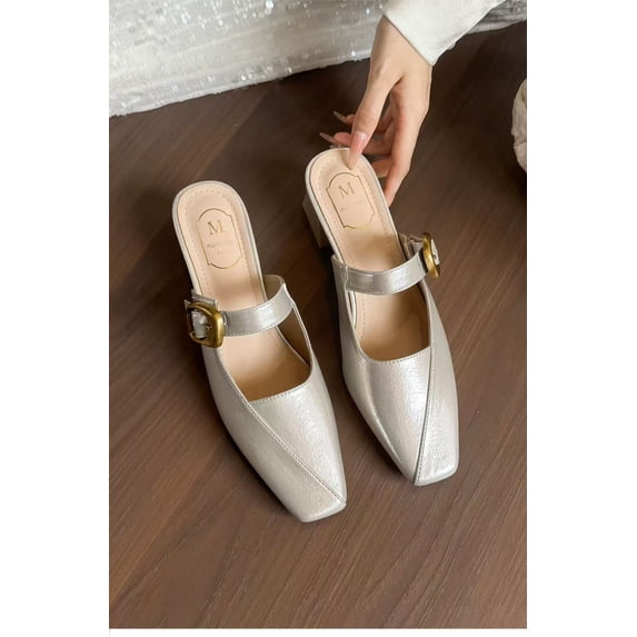 2026 Summer New Women's Champagne Square Toe Mary Jane Mules, Open Back ...