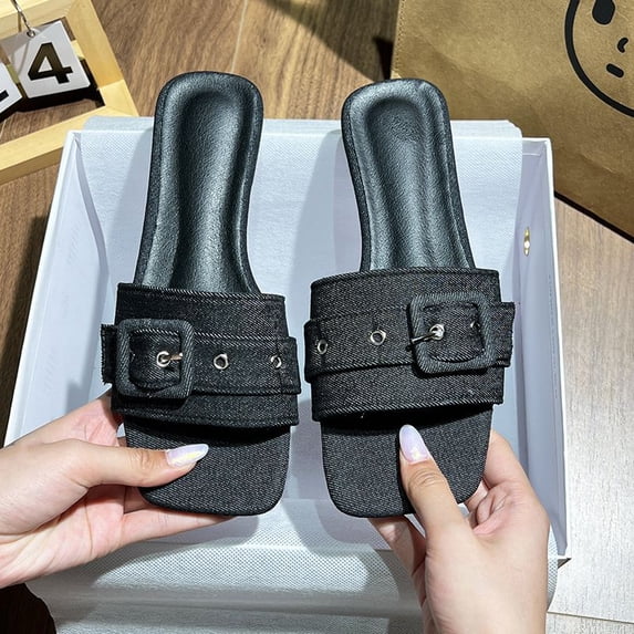 2026 Summer New Women's Light Blue Denim Buckle Flat Slide Sandals ...