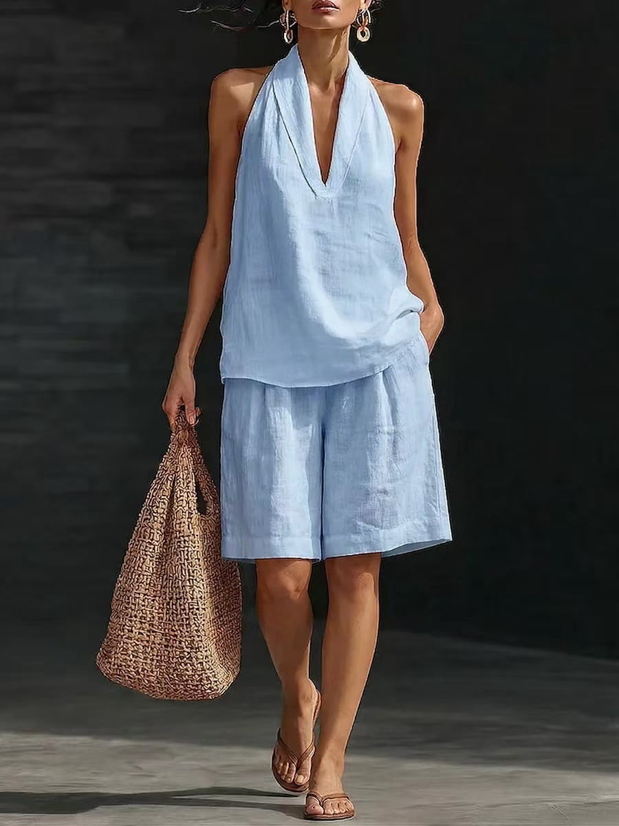 2026 Summer New Women's Linen Halter Top and Wide Leg Shorts Set ...