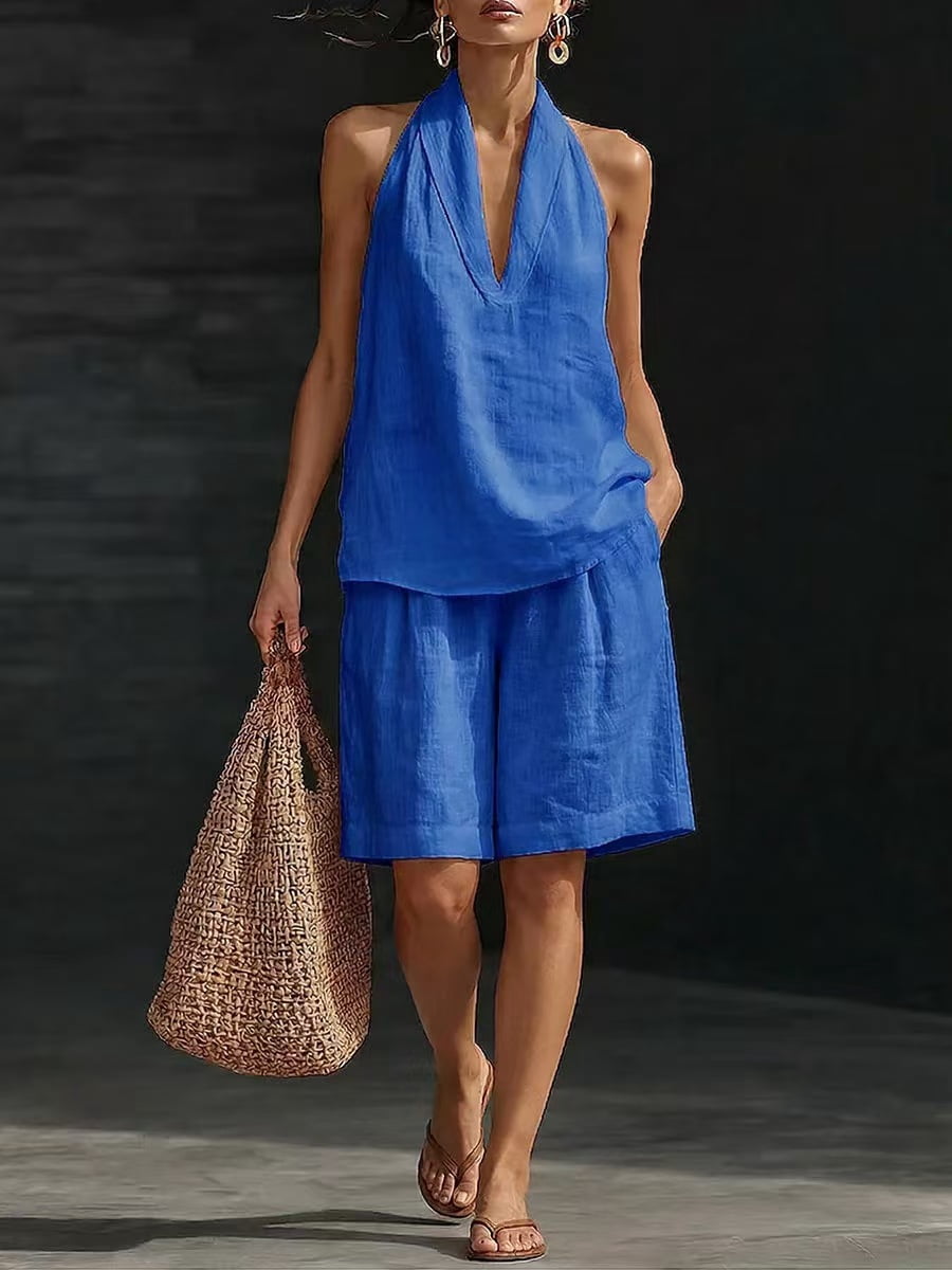 2026 Summer New Women's Linen Halter Top and Wide Leg Shorts Set ...