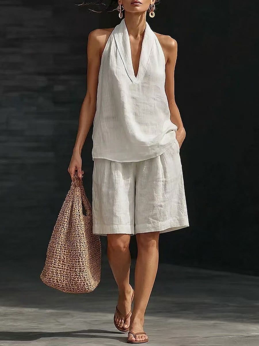 2026 Summer New Women's Linen Halter Top and Wide Leg Shorts Set ...