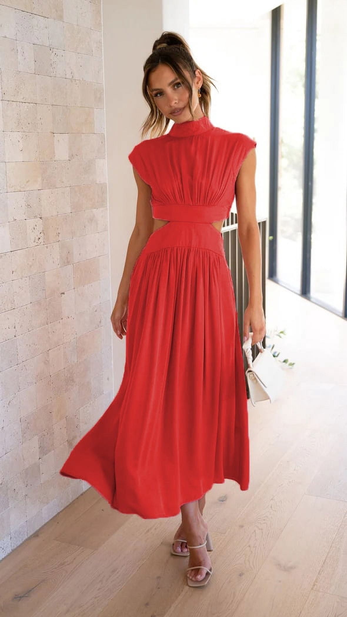 2026 Summer New Women's Pink Mock Neck Cap Sleeve Cutout Waist Midi ...