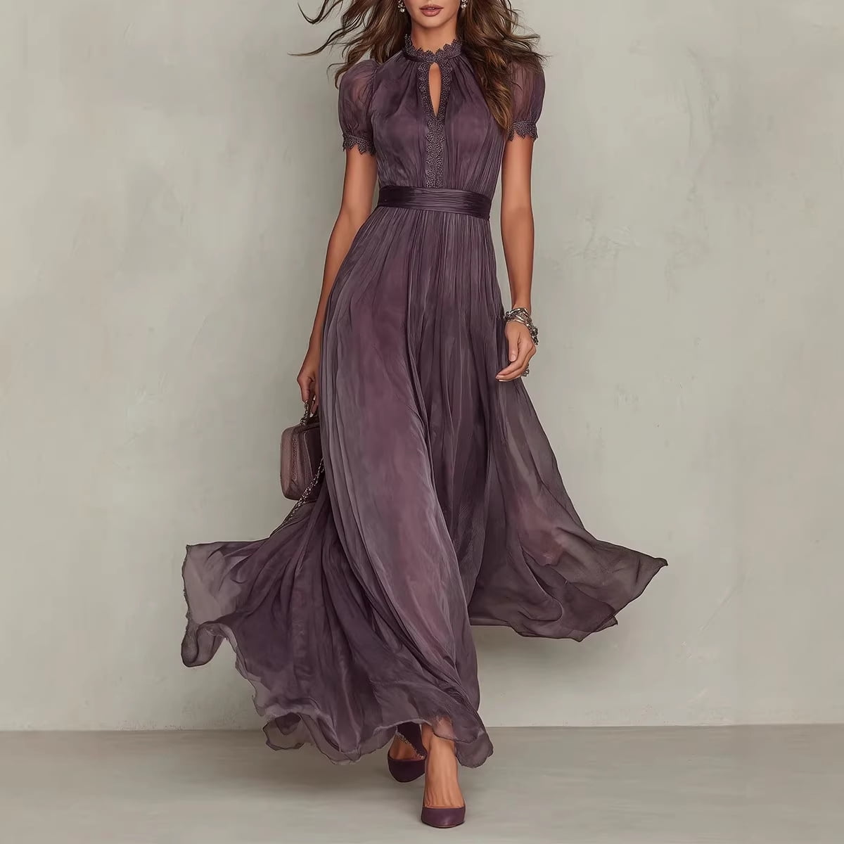 2026 Summer New Women's Purple Lace Trim Mock Neck Maxi Dress Short ...