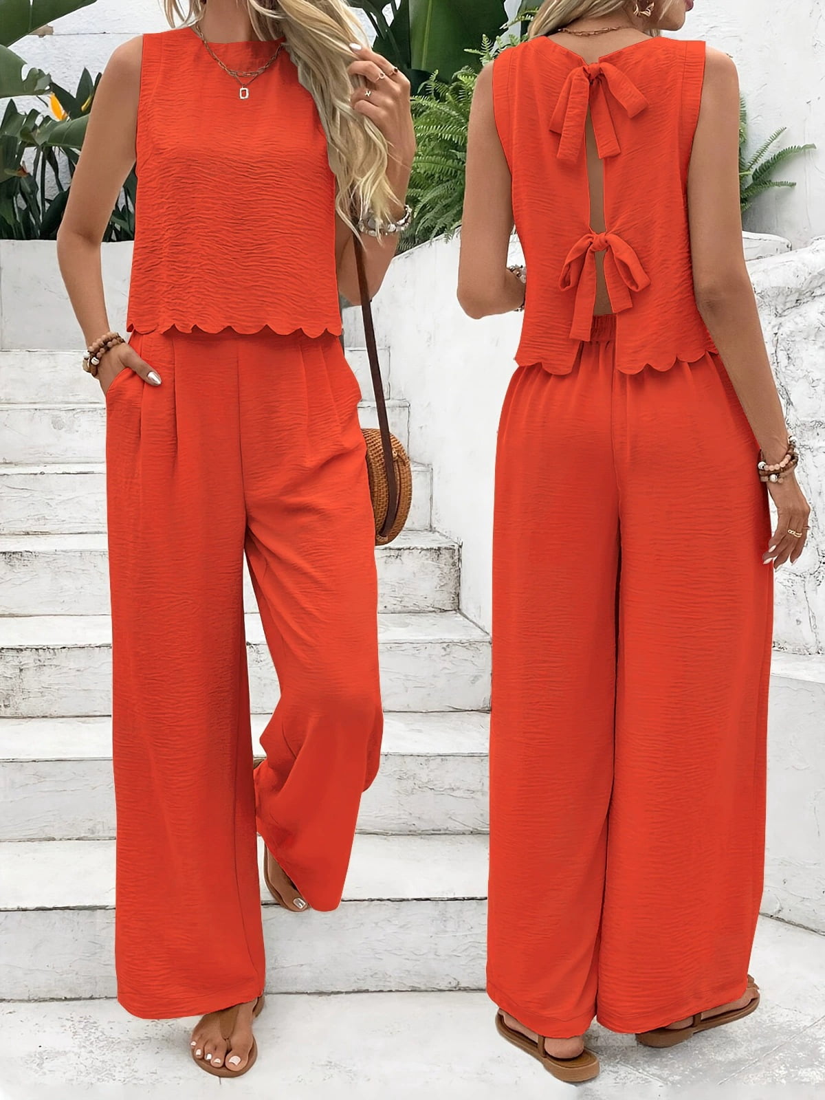 2026 Summer New Women's Round Neck Sleeveless Back Tie Scallop Hem Crop ...