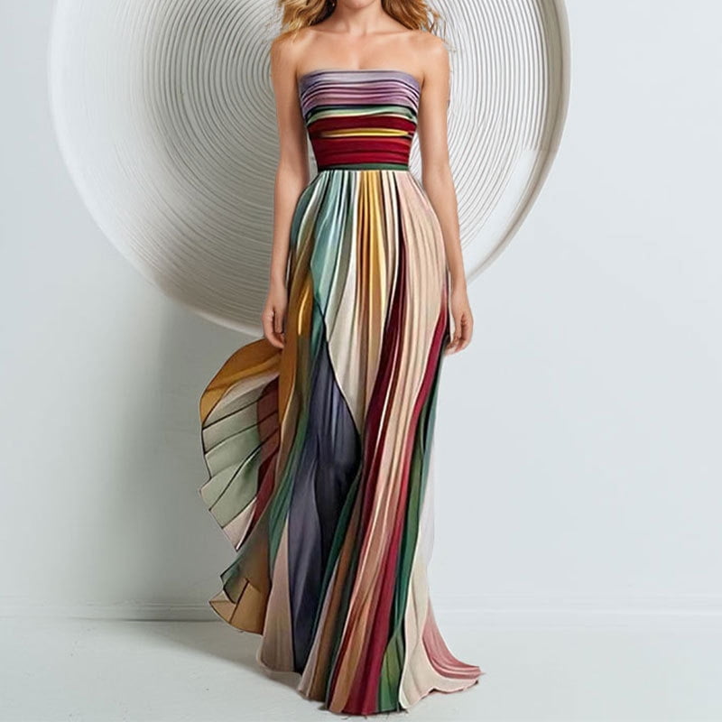 2026 Summer New Women's Strapless Rainbow Stripe Pleated Maxi Dress ...