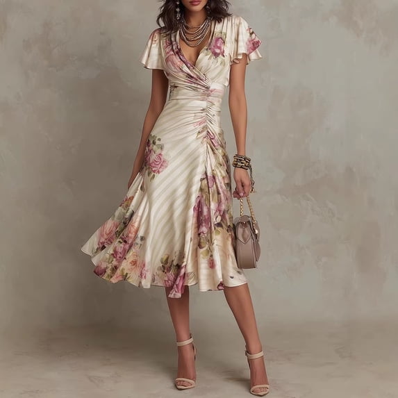 2026 Summer New Women's Striped Floral Satin Midi Dress Deep V Neck ...