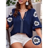 2026 Summer New Women's White Floral Embroidered Blouse, V-Neck ...