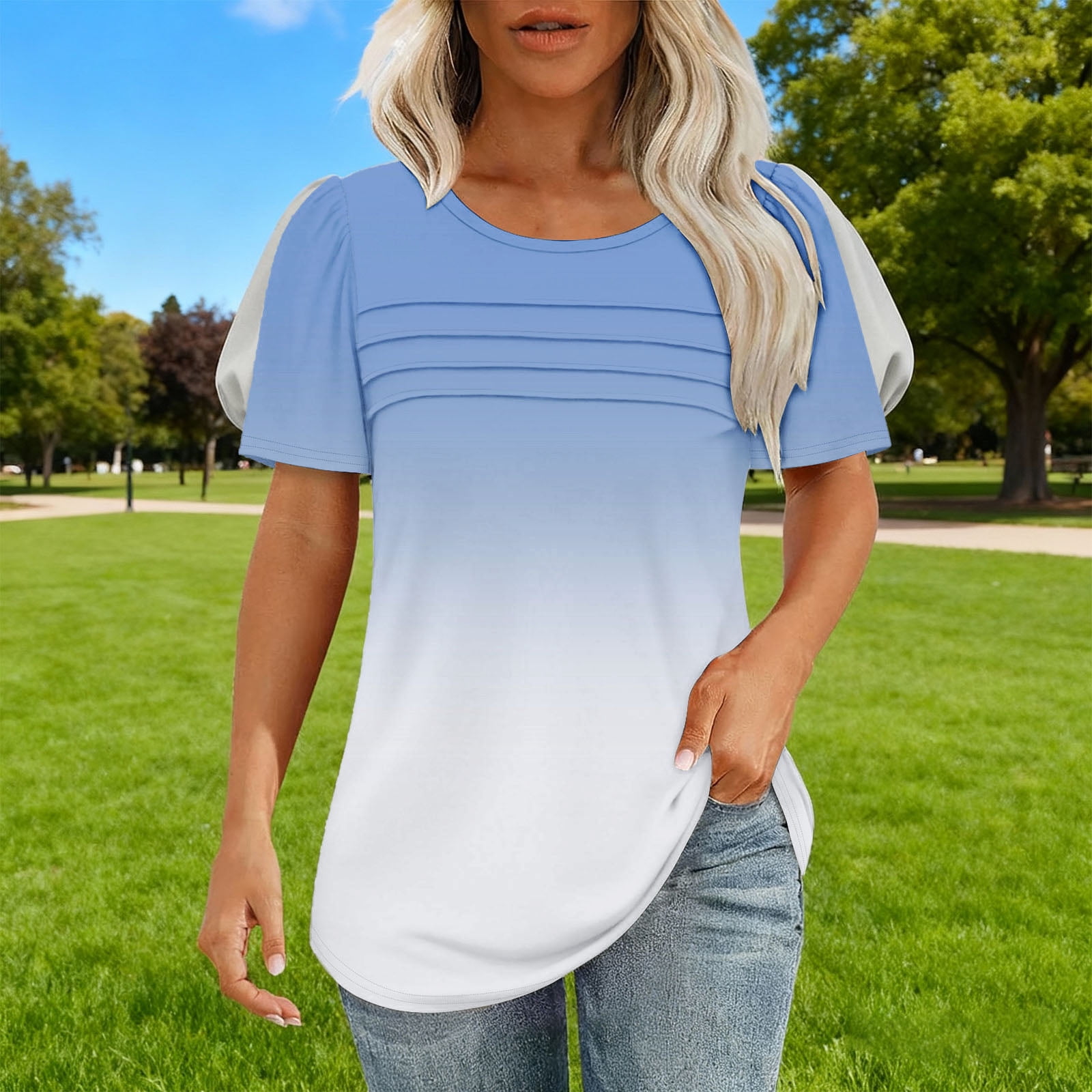 2026 Summer Pleated Front T Shirt for Women V Neck Short Sleeve Bubble ...