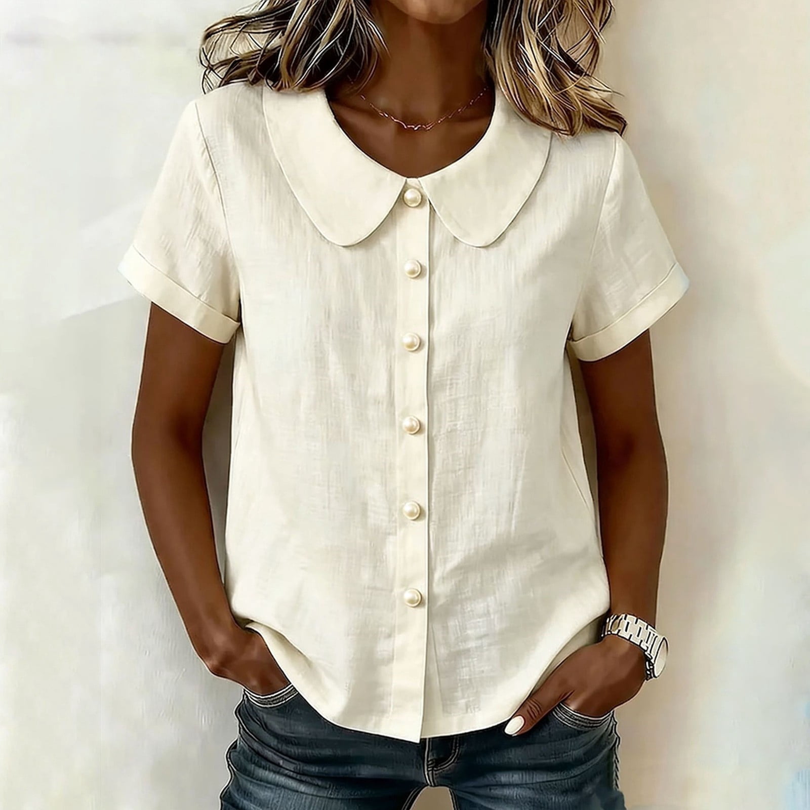 2026 Summer Shirt for Women Peter Pan Collar Solid Color Casual Short ...
