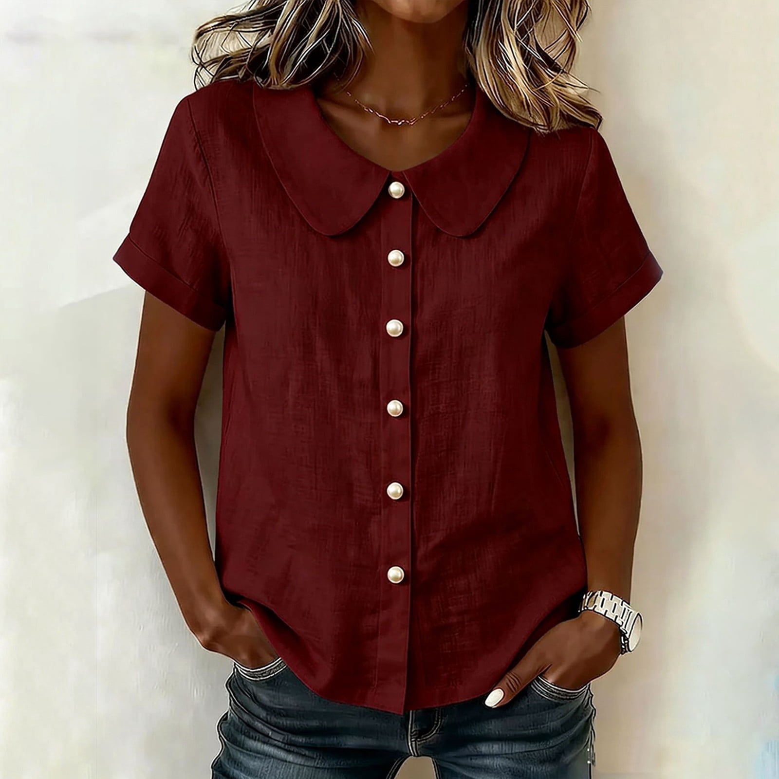 2026 Summer Shirt for Women Peter Pan Collar Solid Color Casual Short ...