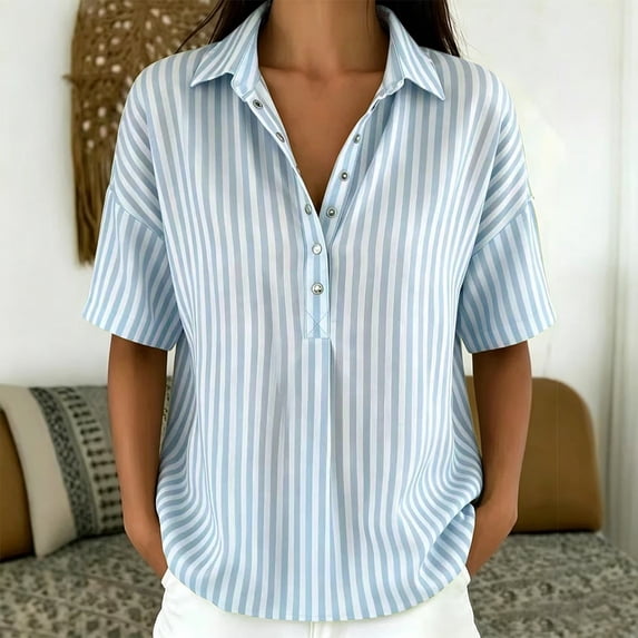 2026 Summer Striped Short Sleeve Button Down Collar Casual Fashion ...