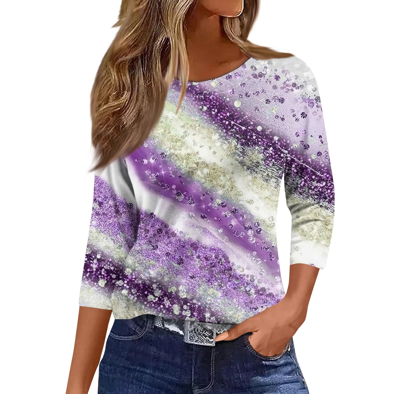 2026 Summer Women's 3/4 Sleeve Top, Round Neck Loose Blouse, Floral ...
