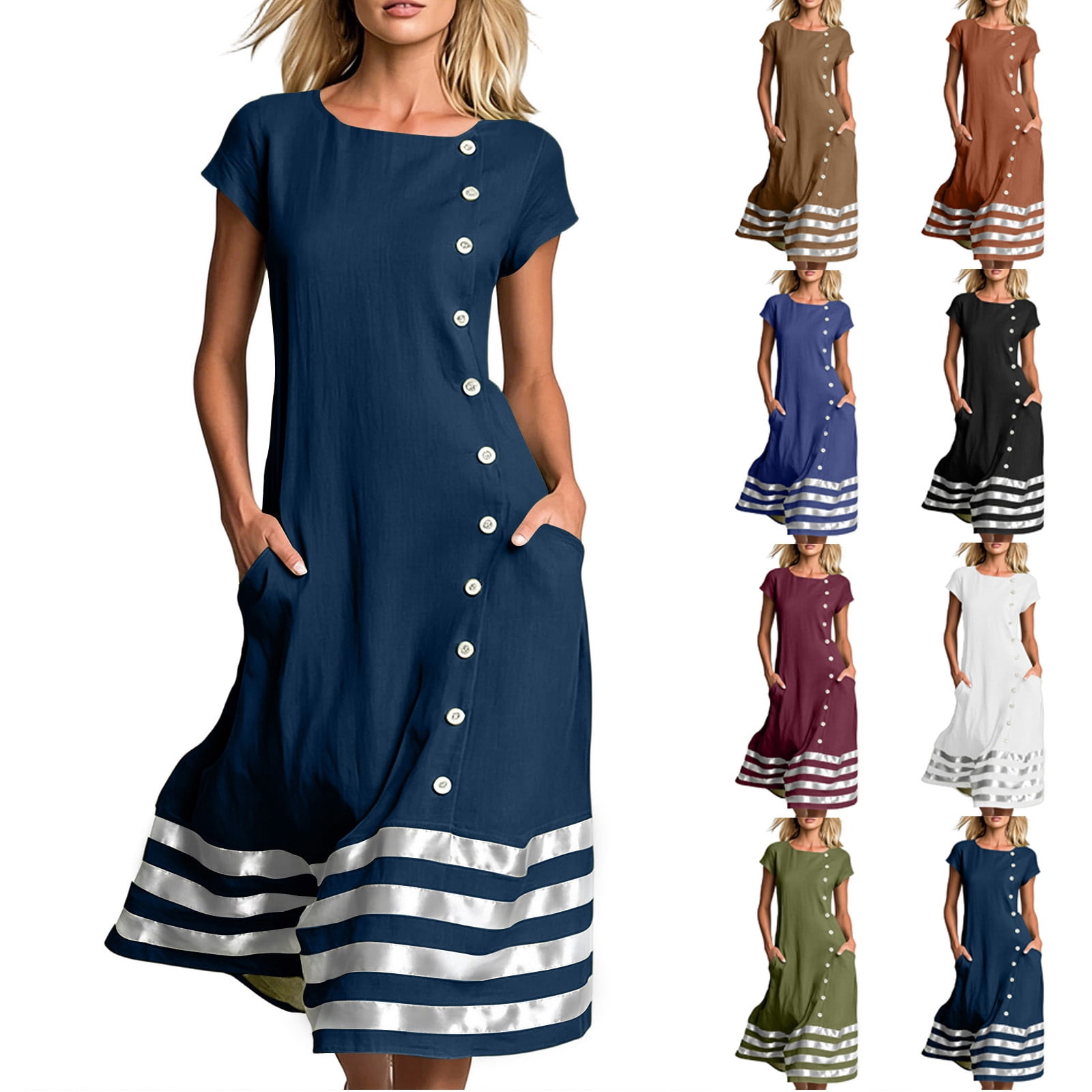 2026 Summer Womens Dress Button Front Short Sleeve Shift Midi Dress ...