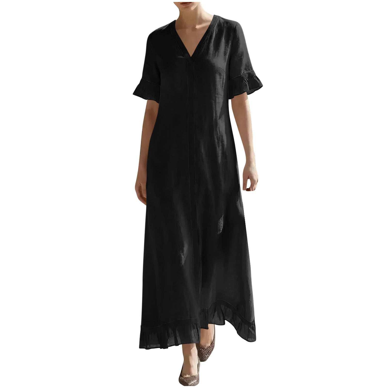 2026 Summer Womens Dress Linen V-Neck Short Sleeve Maxi Dress with Hem ...