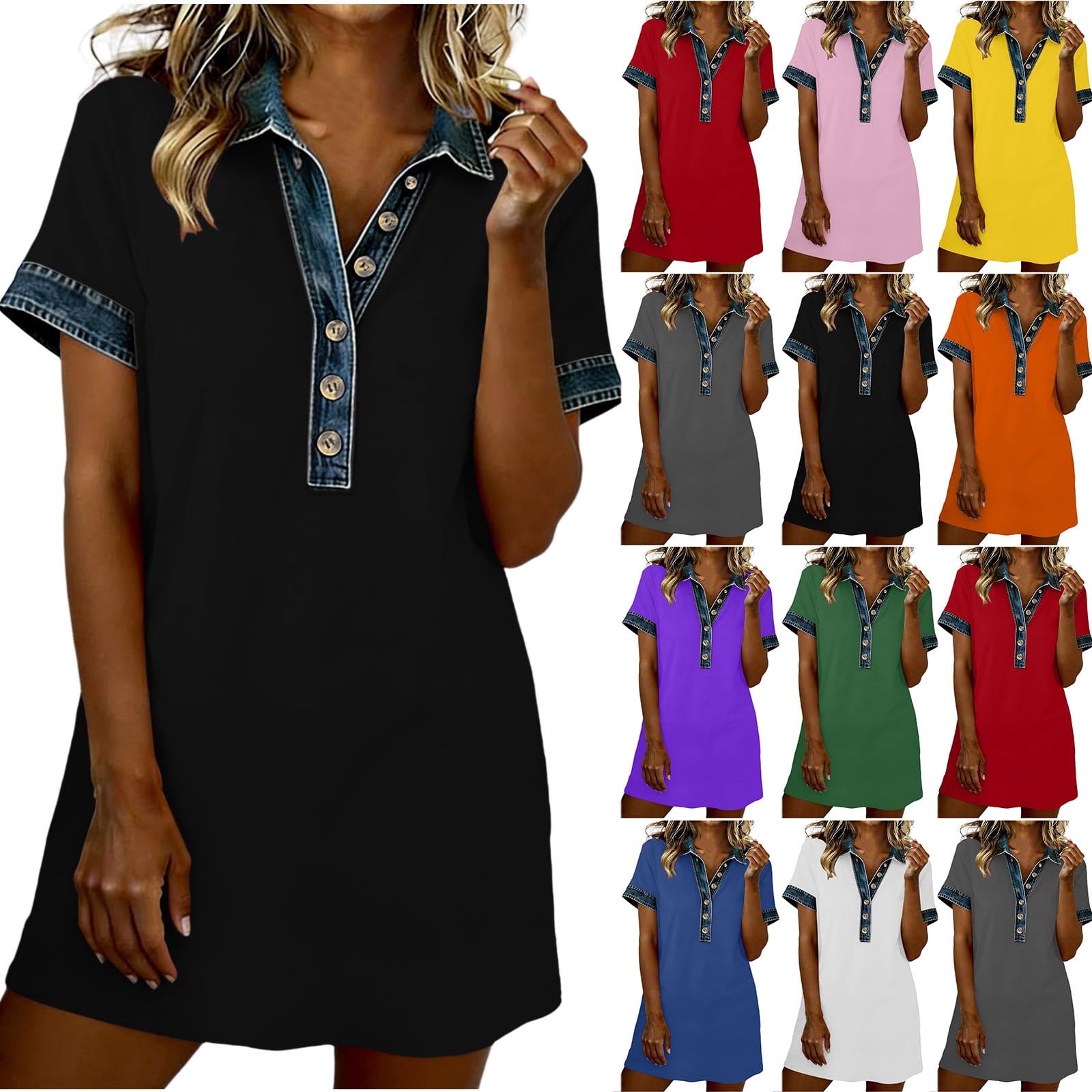 2026 Summer Womens Dress Short Sleeve Denim Contrast Button Down Mini ...