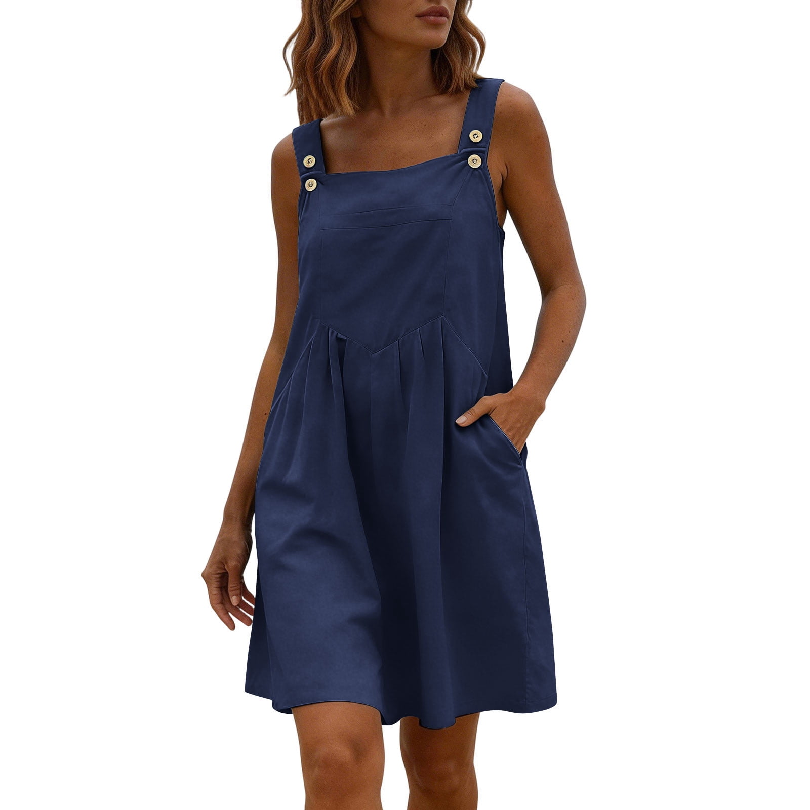 2026 Summer Womens Dress Sleeveless 100% Cotton Overall Button Strap ...