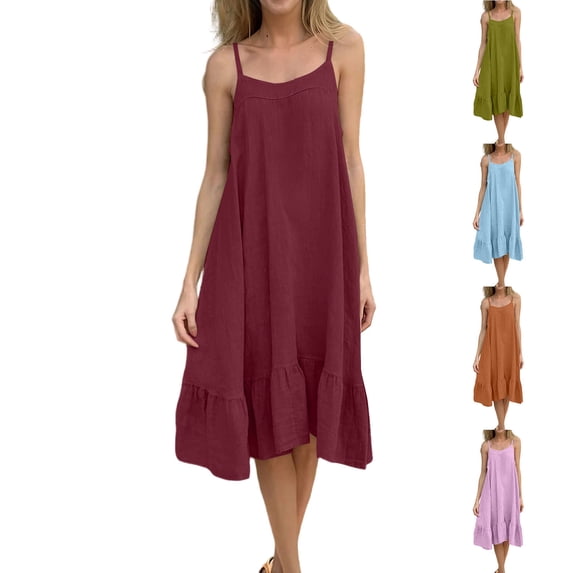 2026 Summer Womens Dress Spaghetti Strap Ruffle Hem Flowy Midi Dress ...