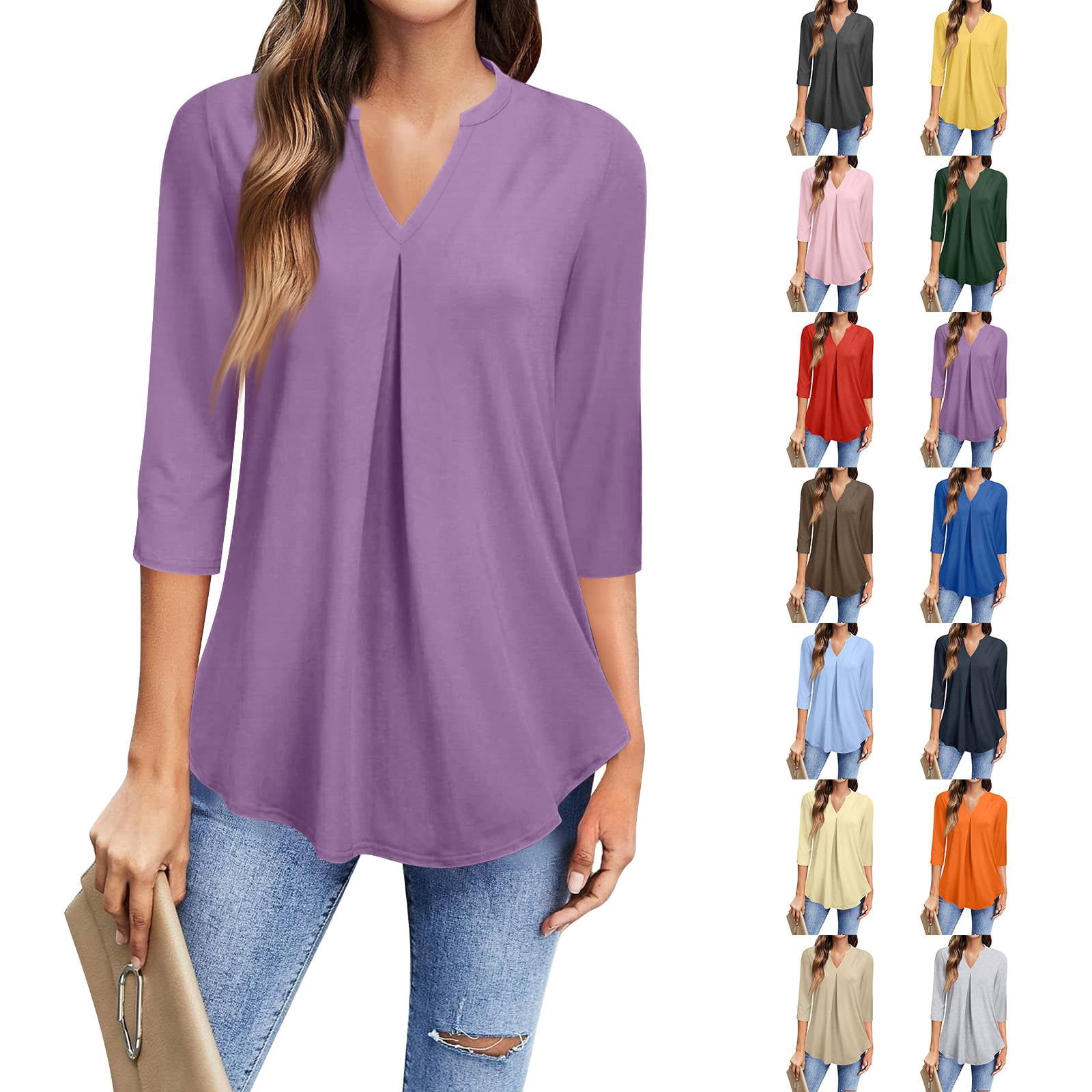 2026 Swing Tunic Tops for Women Loose Fit Dressy V Neck 3/4 Sleeve ...