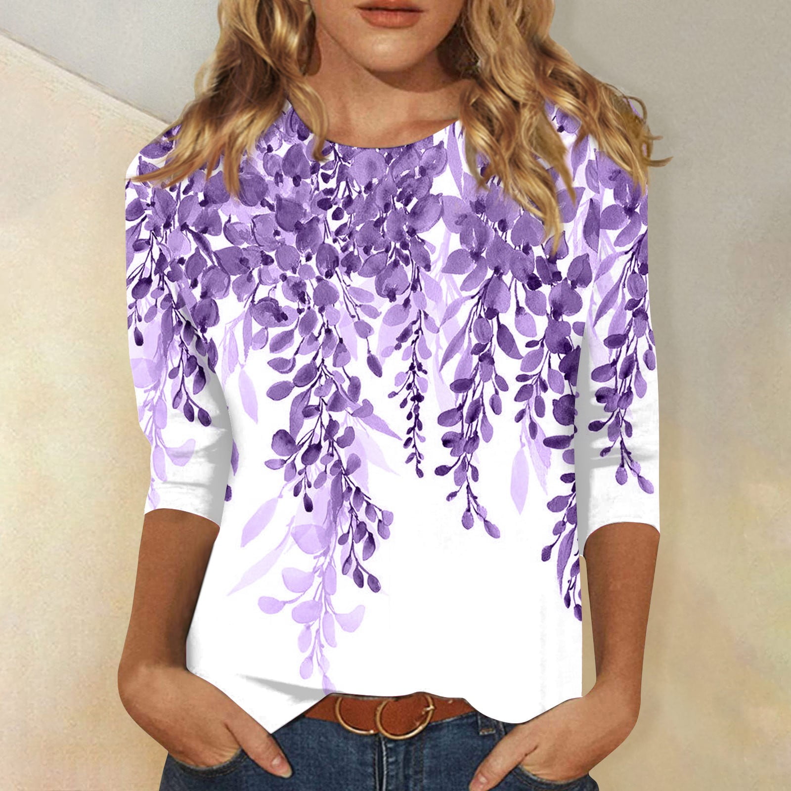2026 Trend Floral Print 3/4 Sleeve Top Women Crew Neck Loose Blouse ...