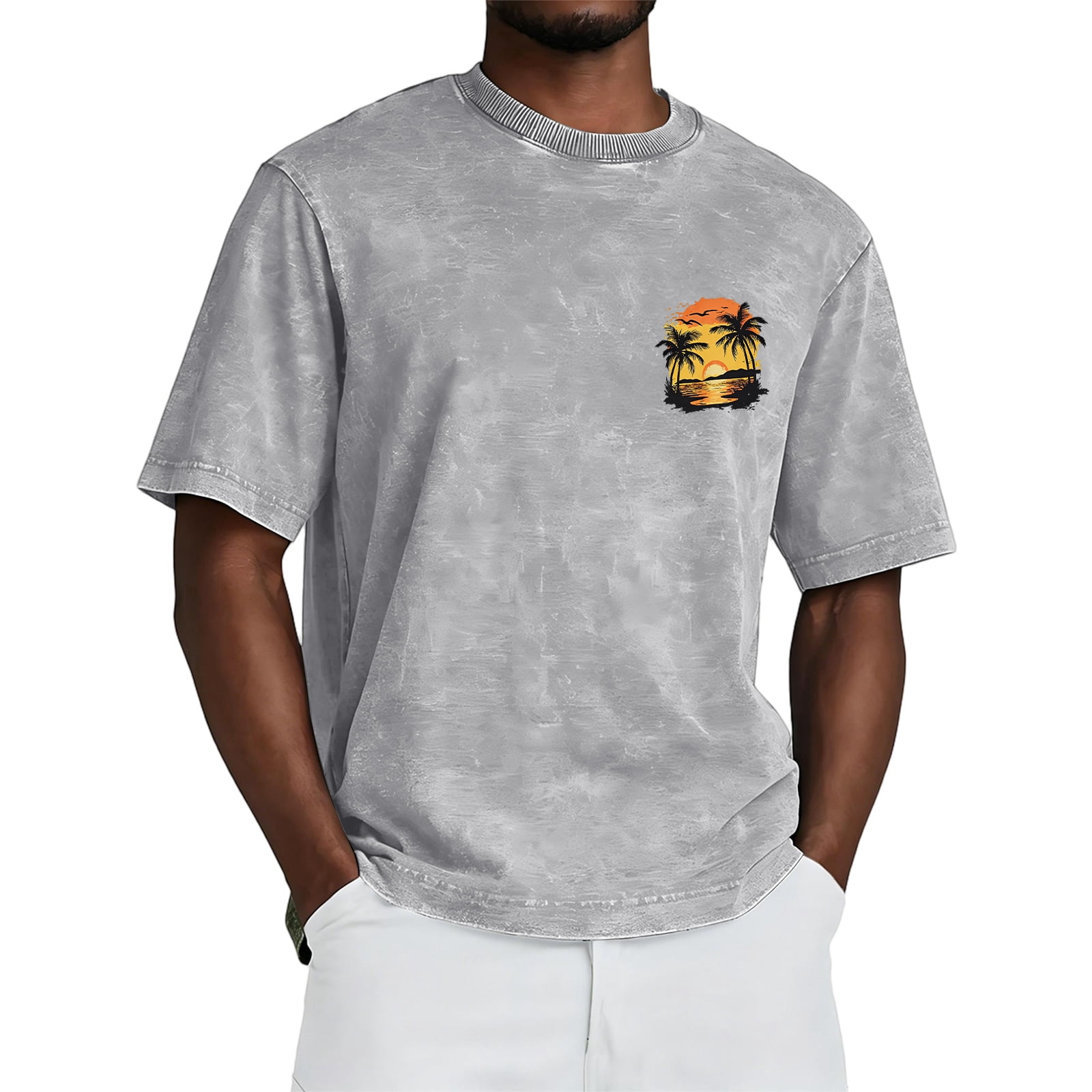 2026 Trend Mens Vintage Wash Loose Tee Tropical Palm Sunset Graphic ...