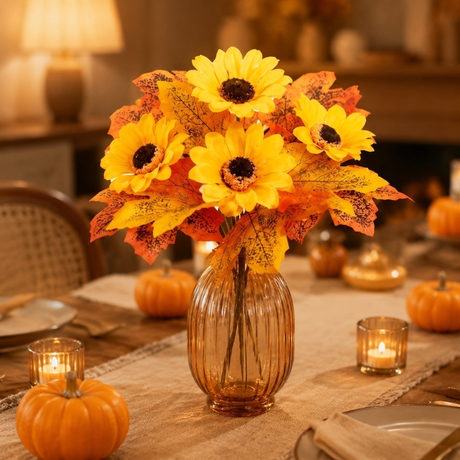 2026 Upgrade Artificial Sunflower Maple Leaf Bouquet Stem, Yellow Fall ...