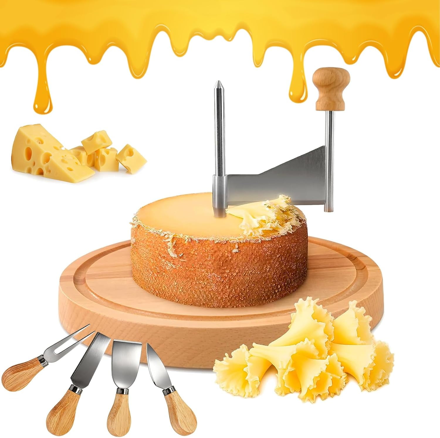 2026 Upgrade Cheese Curler Wheel with Wood Base, Sharp Blade Cheese ...