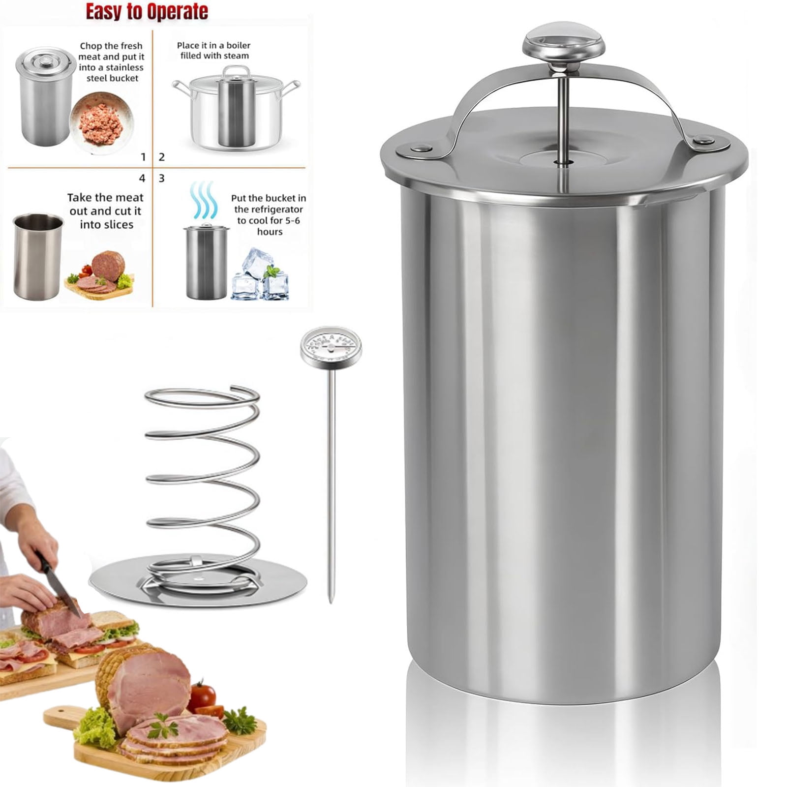 2026 Upgrade Stainless Steel Deli Meat Press with Thermometer, Spring ...