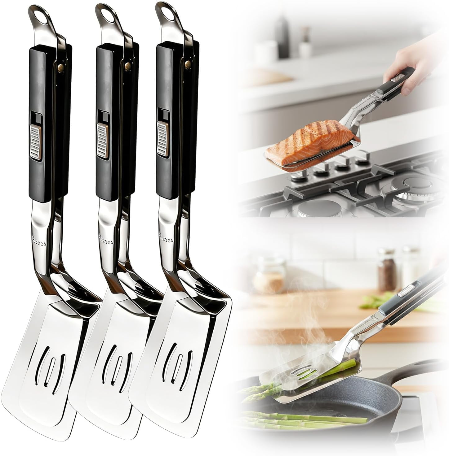 2026 Upgraded 13.3" Stainless Steel Grill Spatula Tongs, Anti-Scald ...