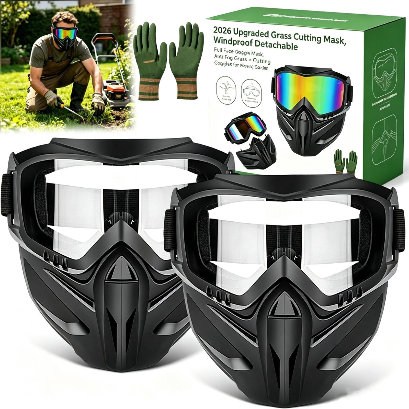 2026 Upgraded Grass Cutting Mask, Windproof Dust Detachable Full Face ...